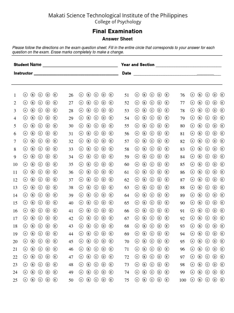 100 Question Answer Sheet Template | PDF | Educational Assessment And ...