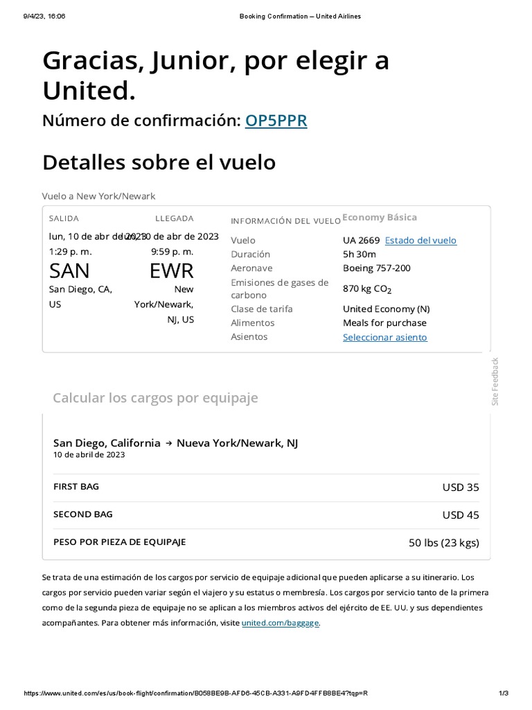 Booking Confirmation - United Airlines | PDF | Aeronave | Transporte