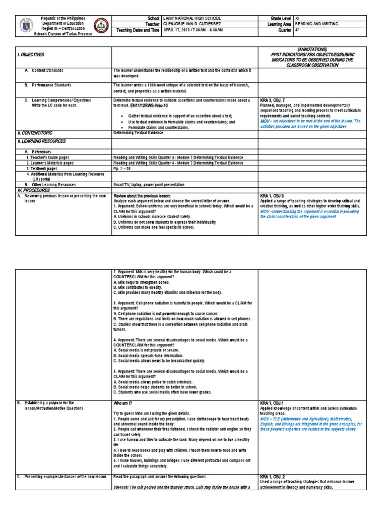 I. Objectives (Annotations) - PPST Indicators/ Kra Objectives/Rubric ...