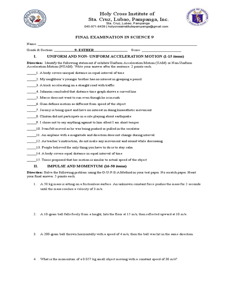 Science 9 Final Exam: Motion & Momentum | PDF | Acceleration | Mass