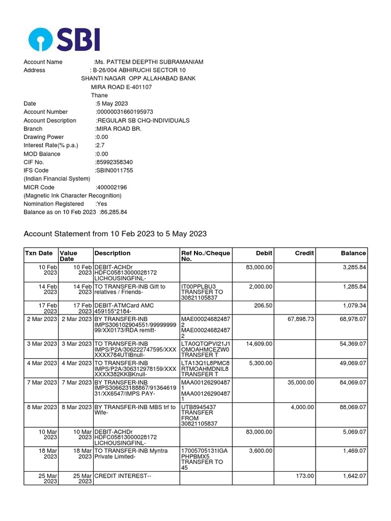 Feb-May SBI Statement | PDF | Personal Identification Number | Annual ...