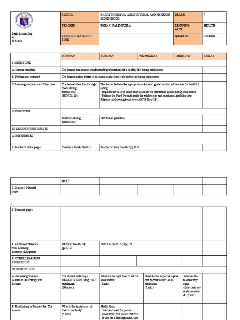 Grade 7 MAPEH Nutrition Lesson Plan | PDF | Fat | Diet (Nutrition)