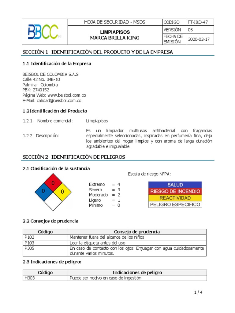 Limpiapisos Brilla King | PDF | Agua | Química