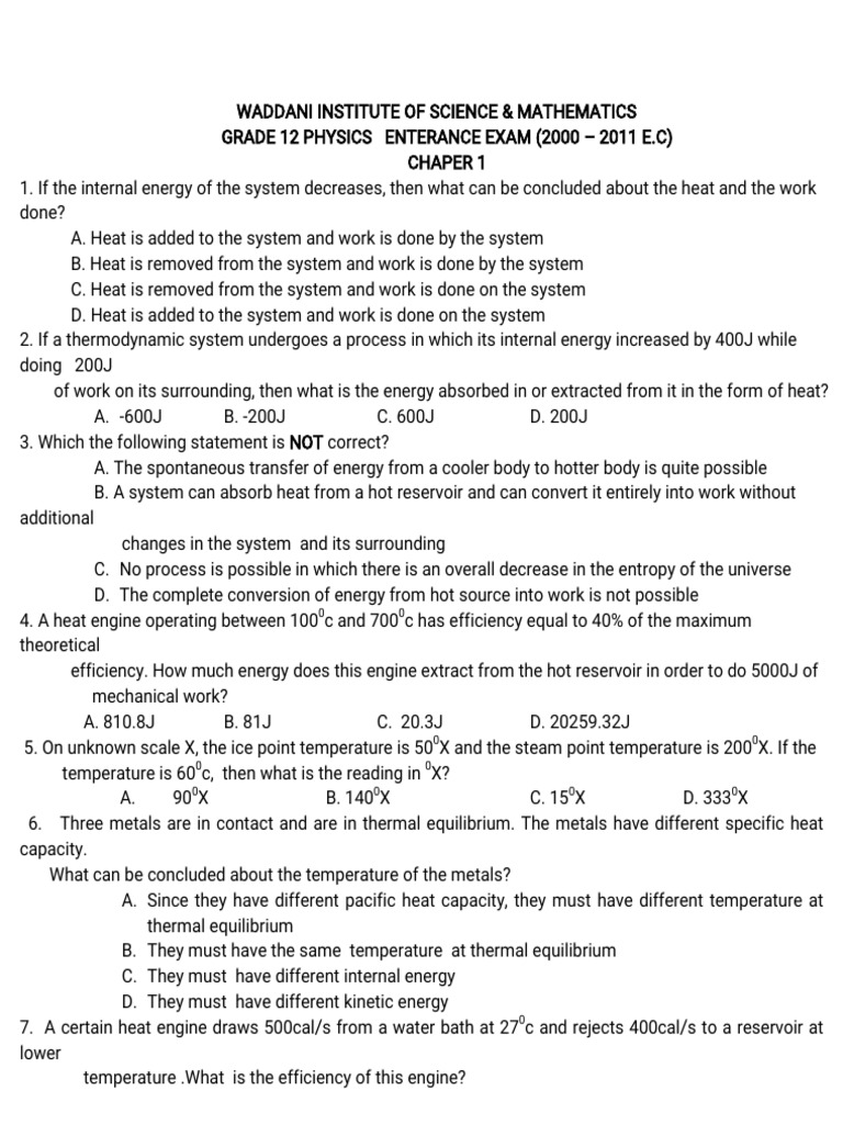 Grade 12 Physics Entrance Exam 2000-2011 | PDF