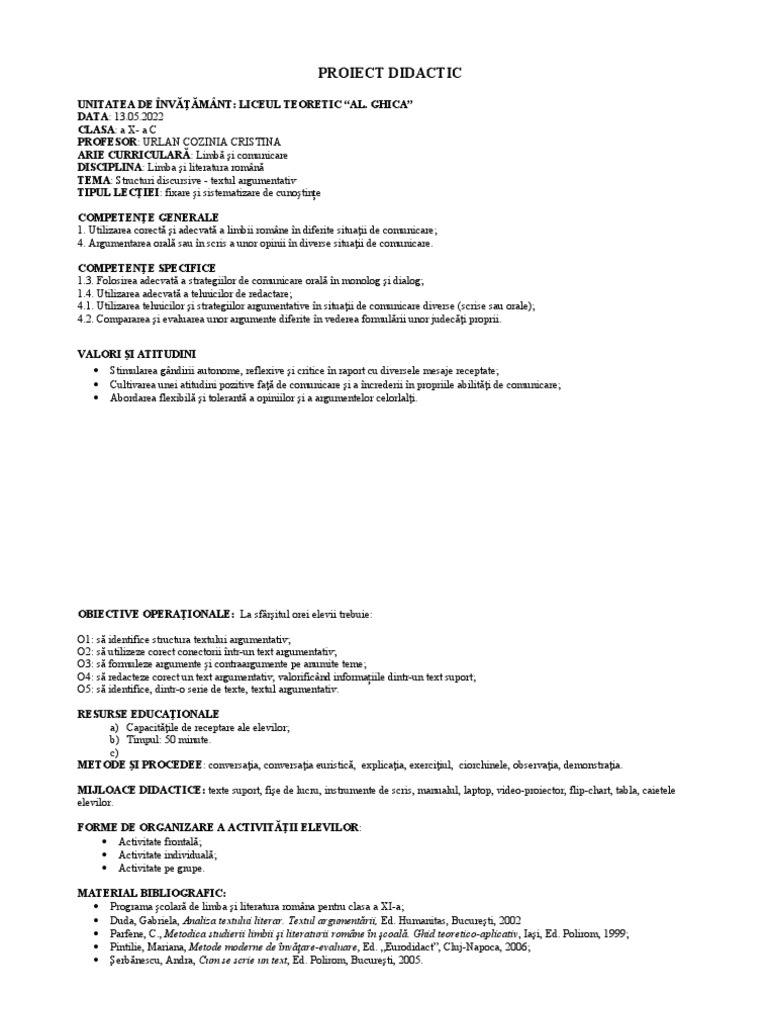 PROIECT DIDACTIC Cls X | PDF