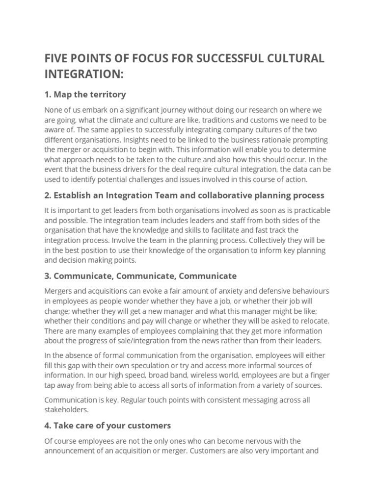 Five Points of Focus For Successful Cultural Integration | PDF ... Five Points of Focus For Successful Cultural Integration | PDF ...