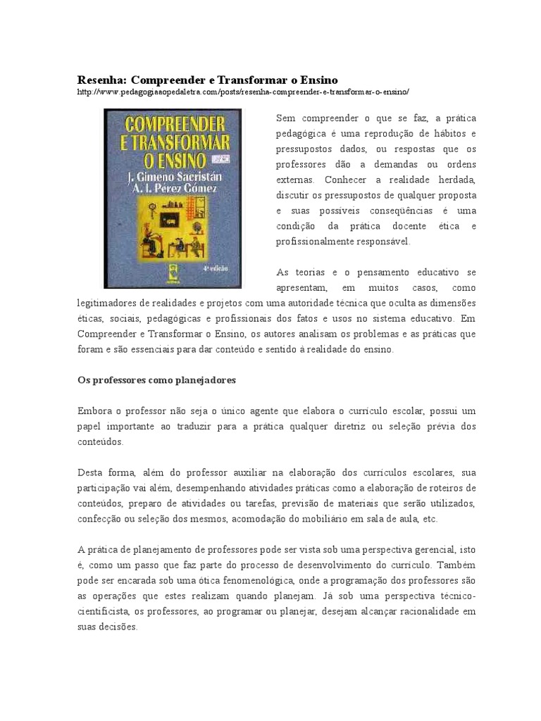 Resenha - Compreender e Transformar o Ensino | Download grátis PDF | Aprendizado | Ciência cognitiva