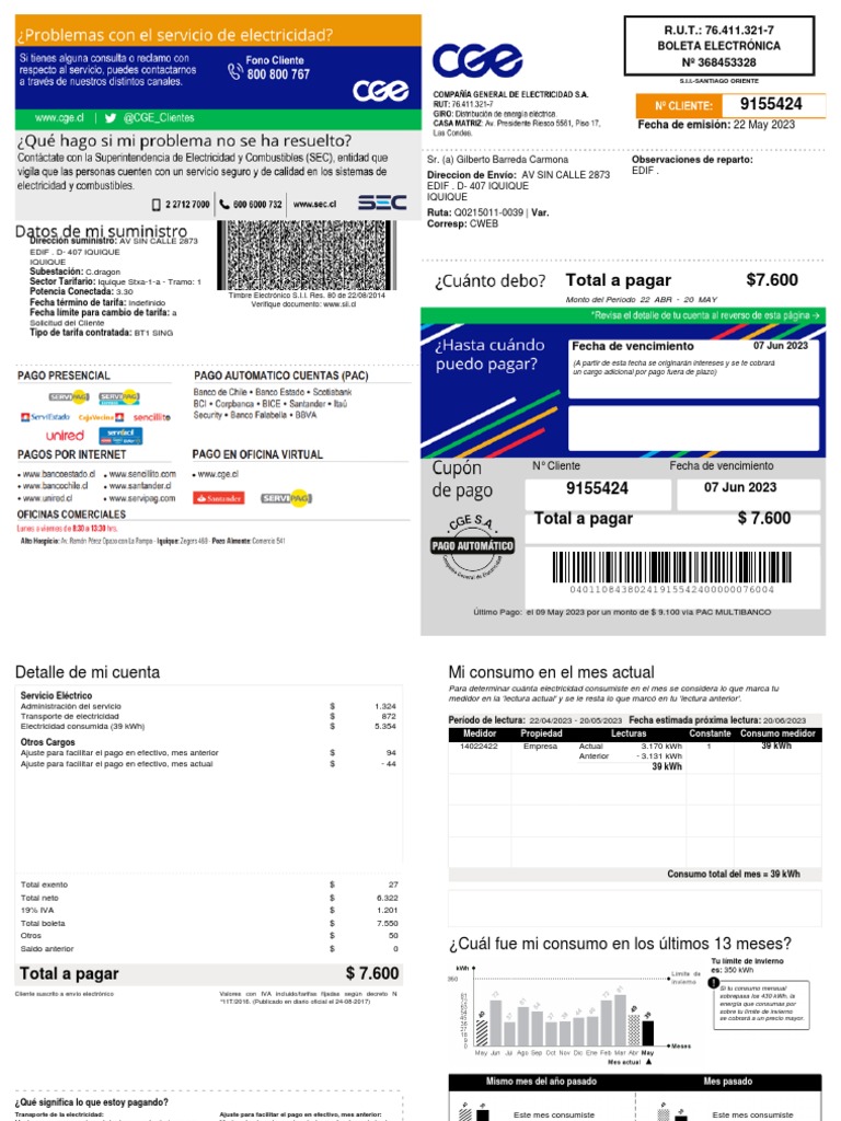 Boleta LUZ CGE | PDF | Ingenieria Eléctrica | Electricidad