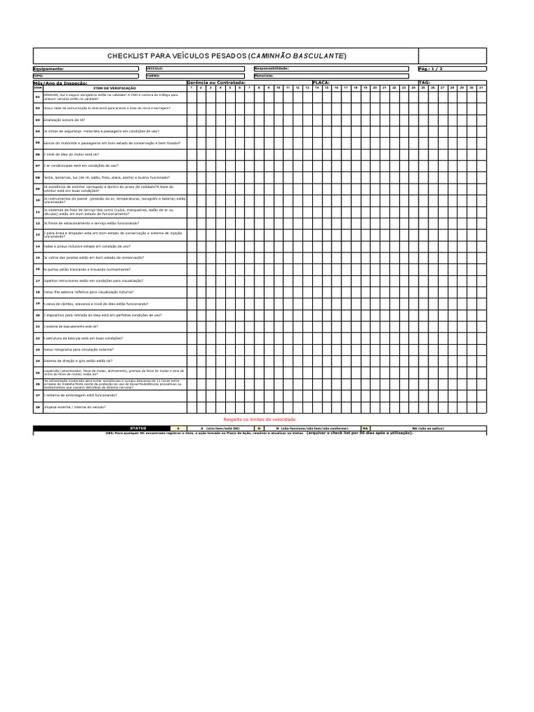 Checklist Para Veículos Pesados (Caminhão Basculante) | PDF | Veículos ...