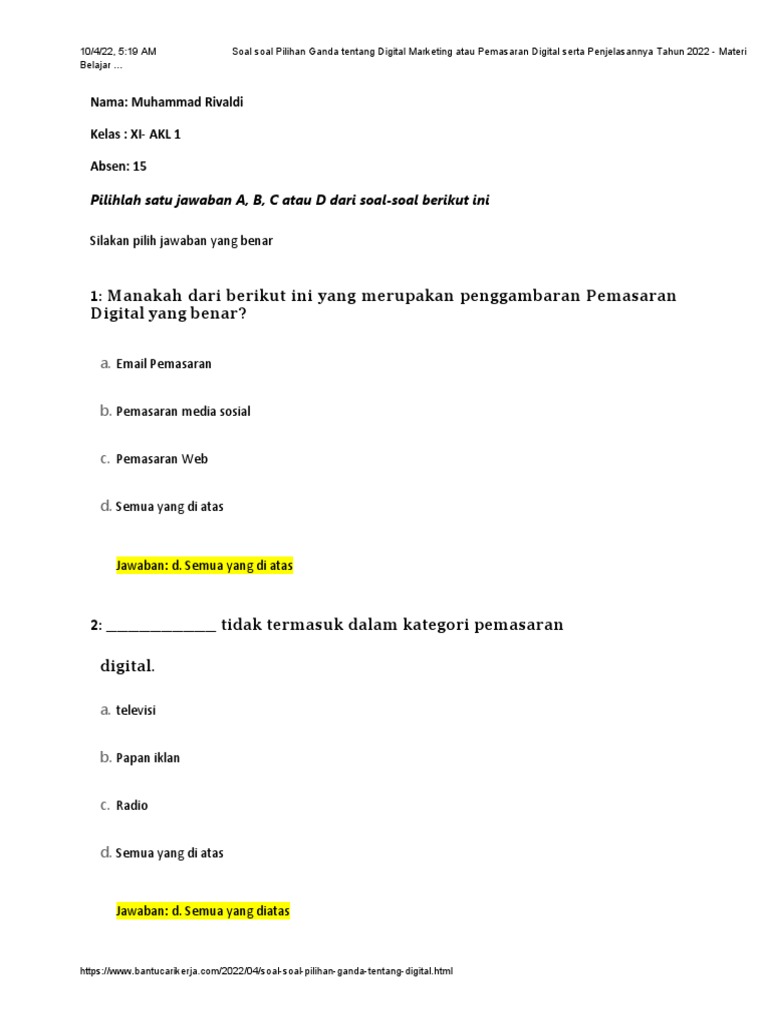 Soal Digital Marketing - Muhammad Rivaldi - Xi-Akl 1 | PDF