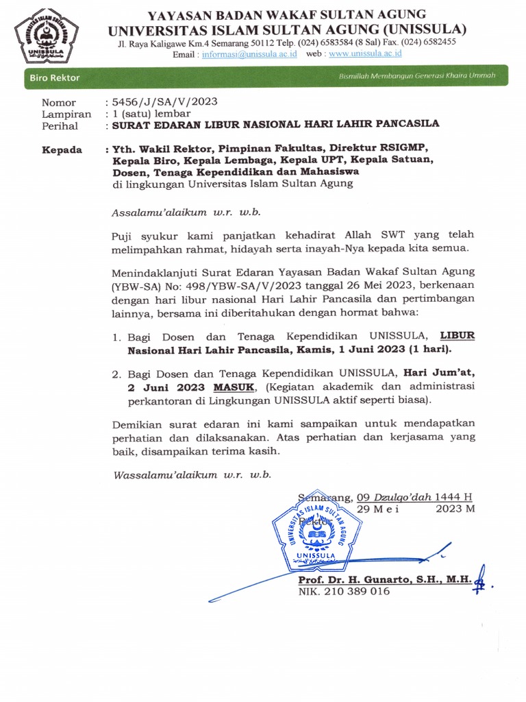 Surat Edaran Libur Nasional Hari Lahir Pancasila + Stempel | PDF