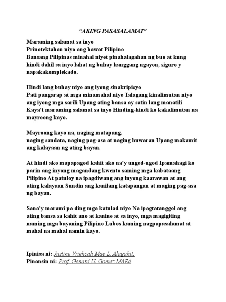 Aking Pasasalamat Tula Alagahit Pdf