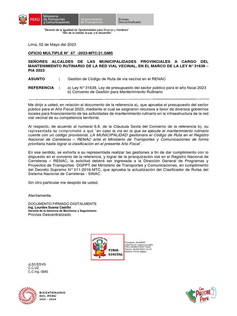 Oficio Multiple 47-2023-GMS | Descargar gratis PDF | Gobierno