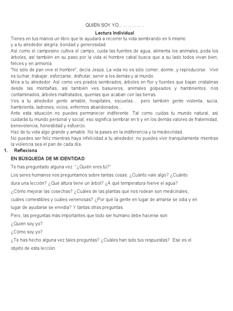 QUIEN SOY YO Lectura y Rejilla | PDF