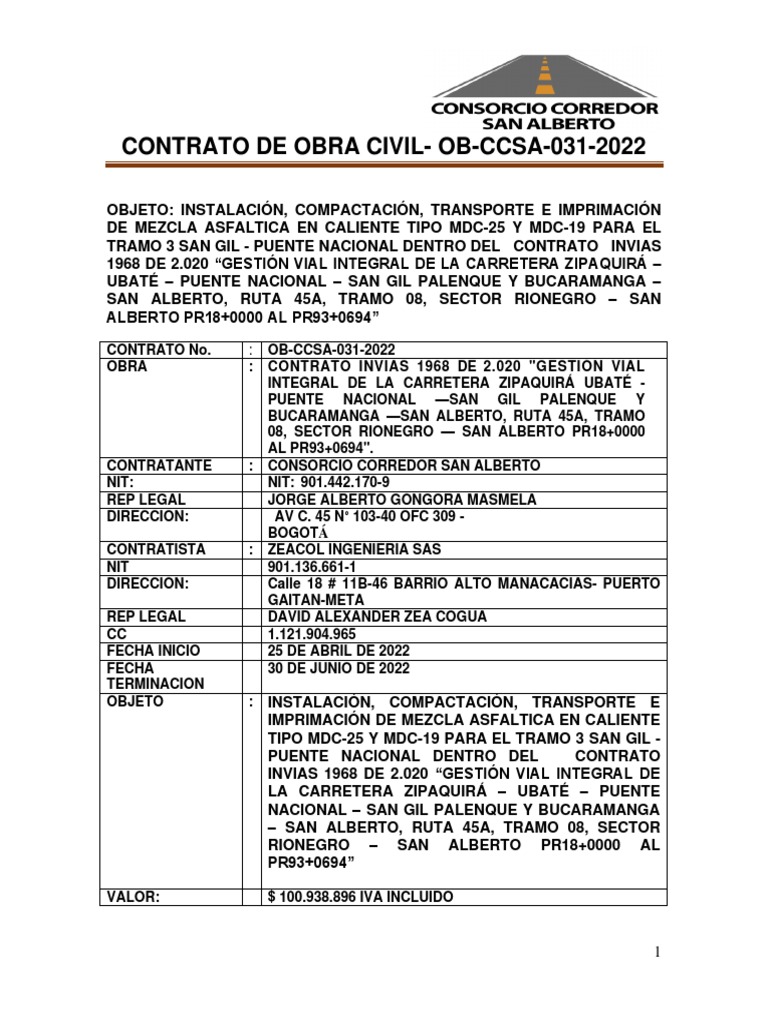 Contrato Ob-Ccsa-031 Zeacol | PDF | Derecho laboral | Daños y perjuicios
