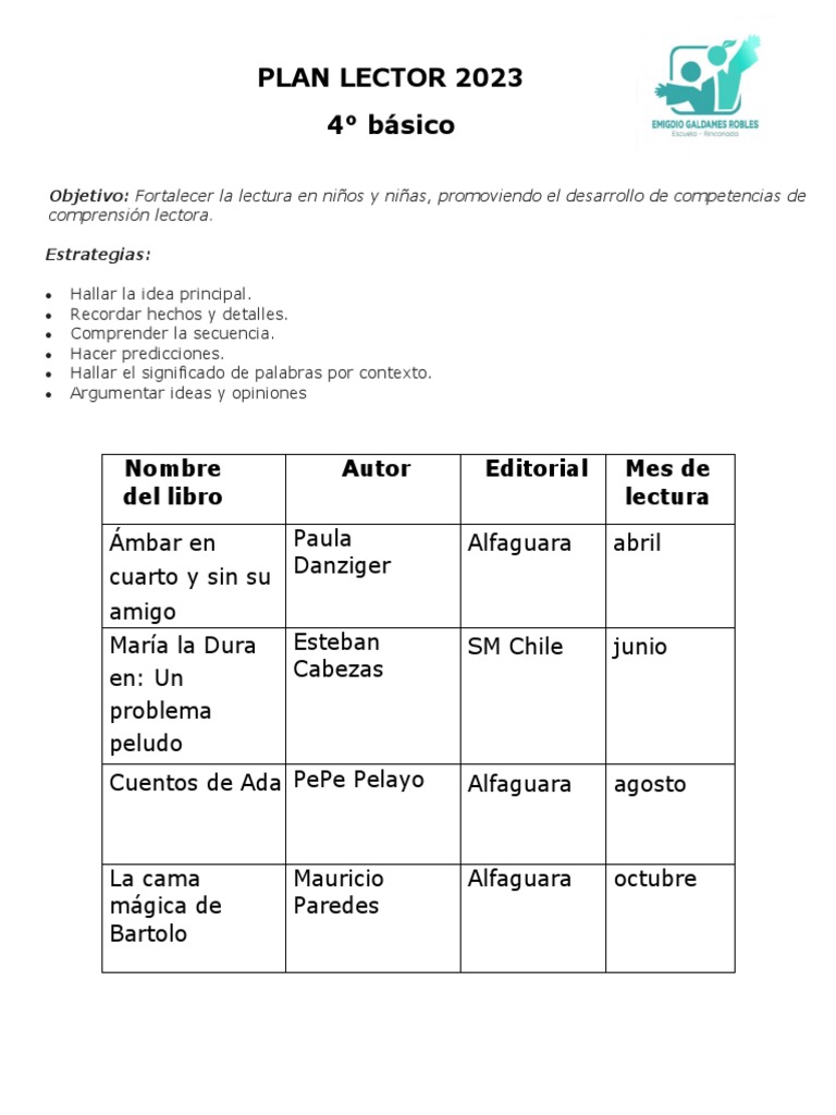 Plan Lector 4 Básico 2023 | PDF