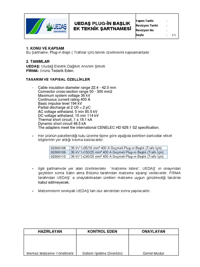 UEDAŞ PLUG-İN BAŞLIK EK TEKNİK Şartnamesi | PDF