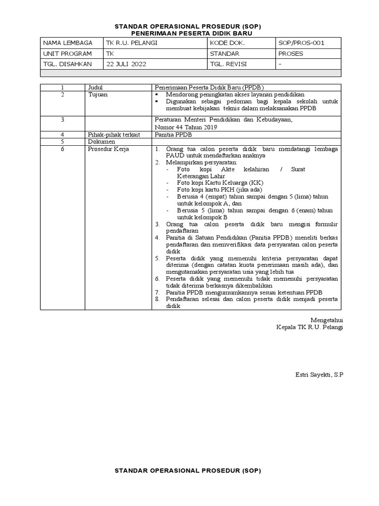 Standar Operasional Prosedur TK | PDF