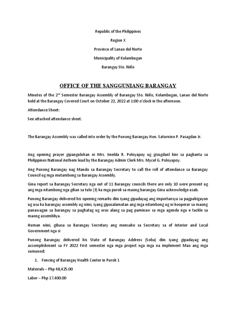 2nd Semester Brgy. Assembly Minutes CY 2022 | PDF