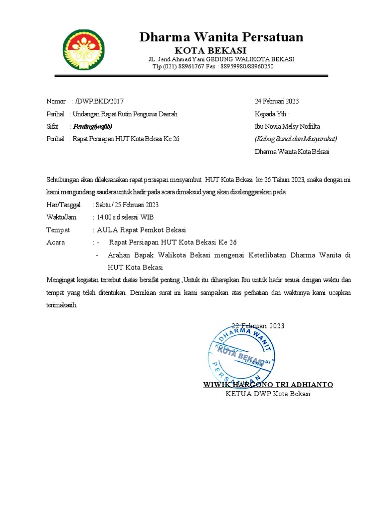 Dharma Wanita Persatuan Surat Keterangan Kota Bekasi | PDF