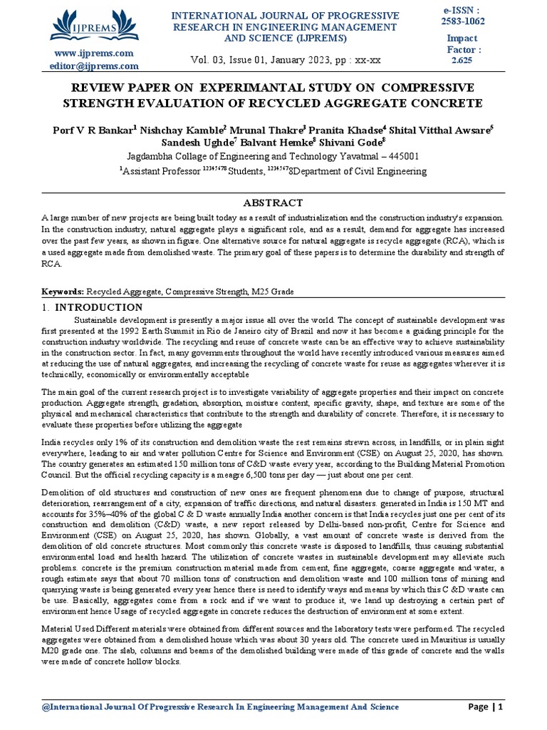2 Review Paper On Strength and Durability Evaluation of Recycled ... 2 Review Paper On Strength and Durability Evaluation of Recycled ...