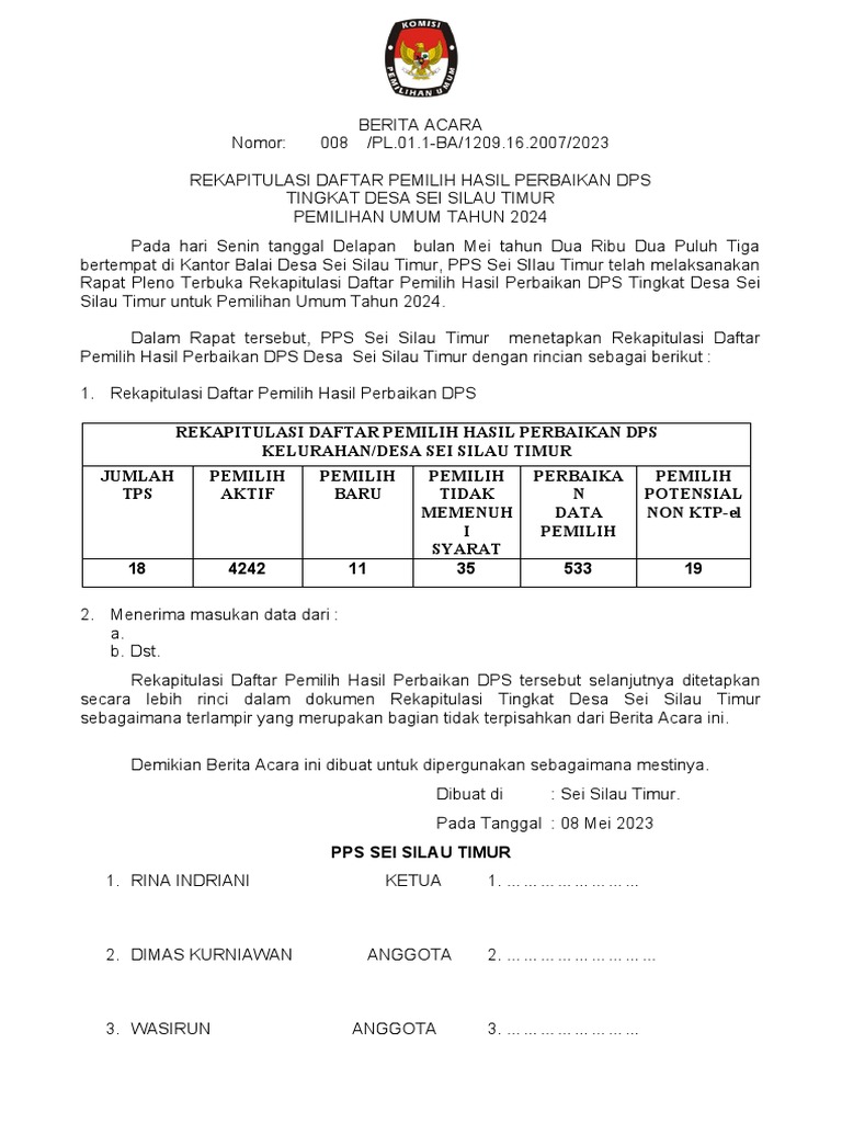 Berita Acara Rekapitulasi DPHP Pps Tingkat DPSHP | PDF