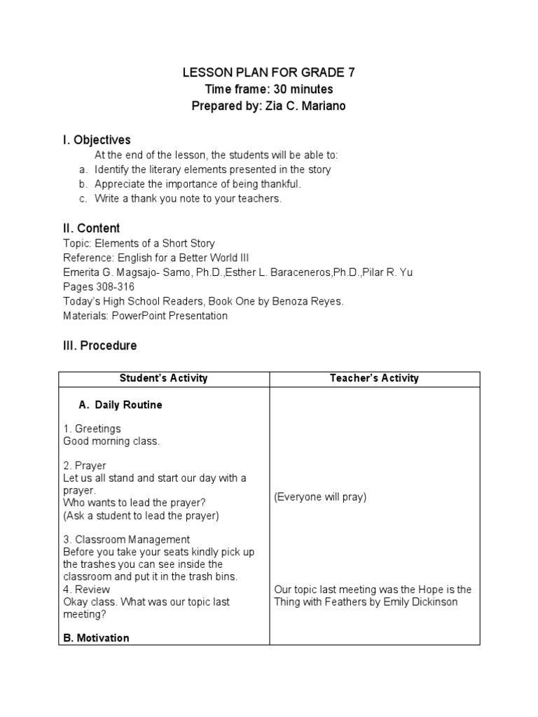 Lesson Plan For Grade 7 1 | PDF
