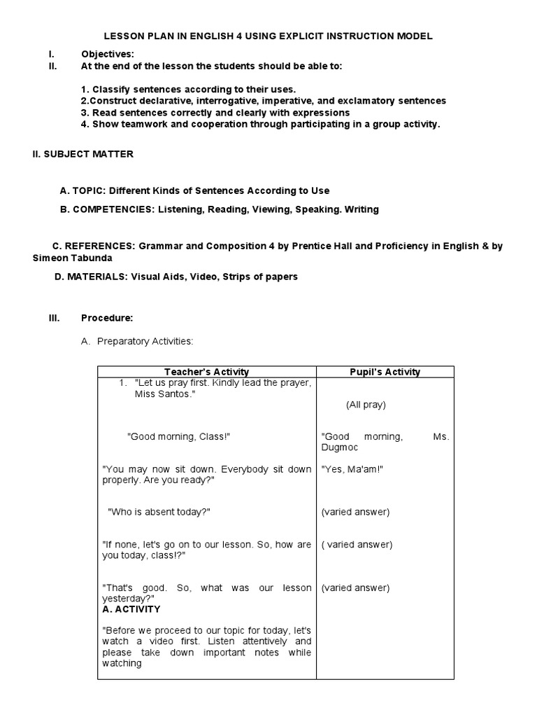 Lesson Plan in English 3 2 Using Explicit Teaching Strategy - New | PDF ...