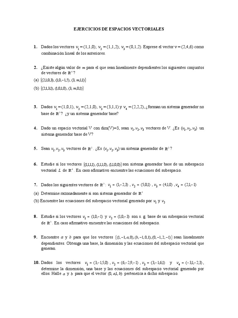 Ejercicios de Espacios Vectoriales | PDF | Espacio vectorial | Vector Euclidiano