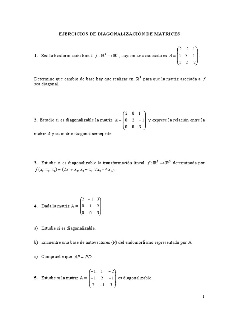 Ejercicios de Diagonalización de Matrices | PDF | Matriz (Matemáticas ...