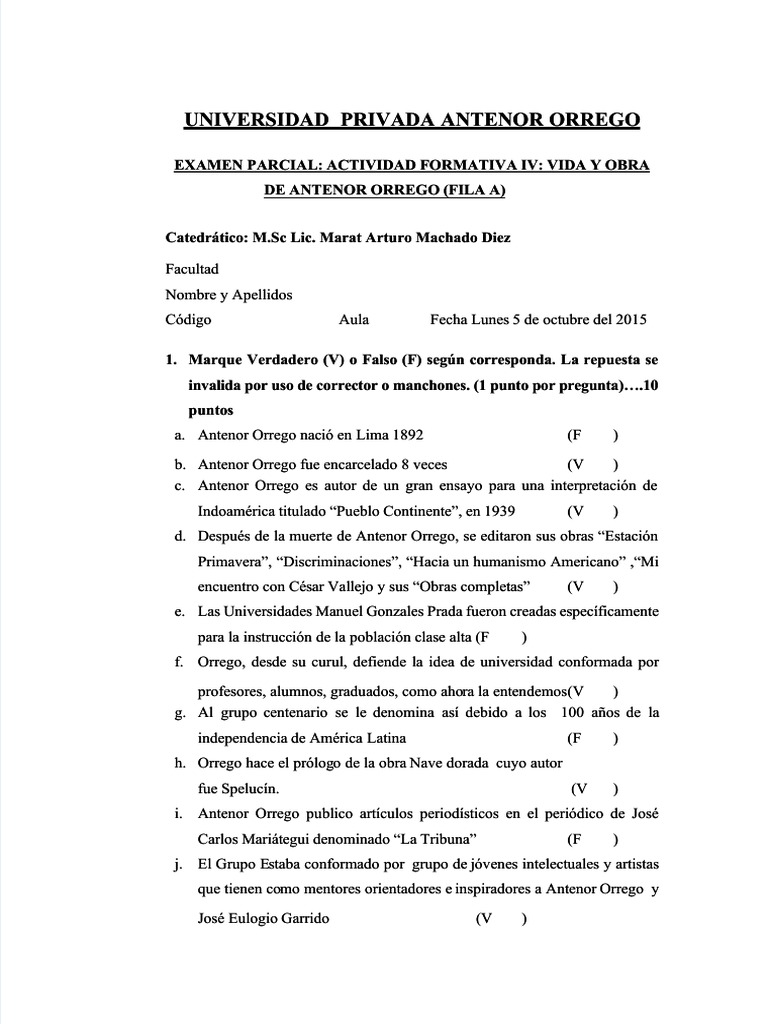 Examen: Vida y Obra de Antenor Orrego | PDF | Historia