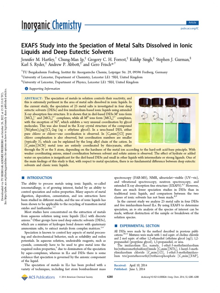 EXAFS Study Into The Speciation of Metal Salts Dissolved in Ionic | PDF | Coordination Complex | Ion