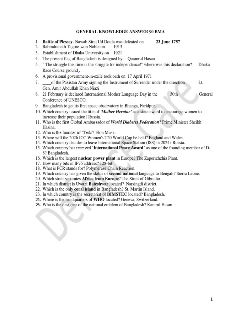 General Knowledge Question 90 Bma | PDF | Bangladesh | Dhaka