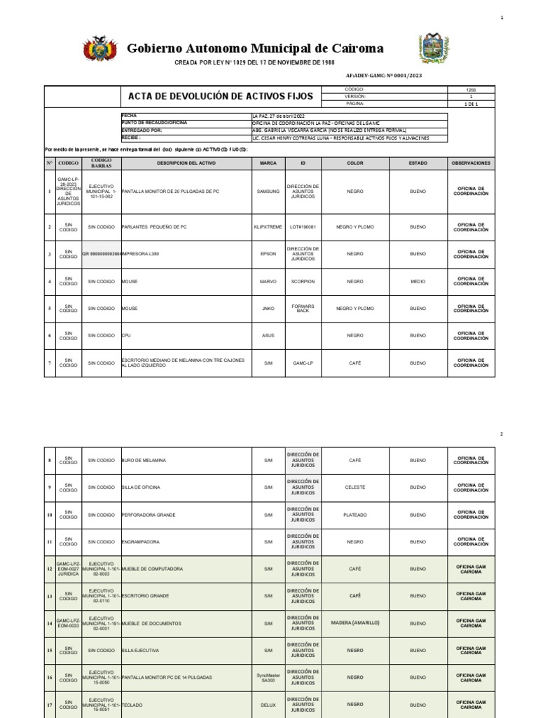 Acta de Devolucion Activos Fijos Gaby | PDF | Hardware de la computadora | Bienes manufacturados
