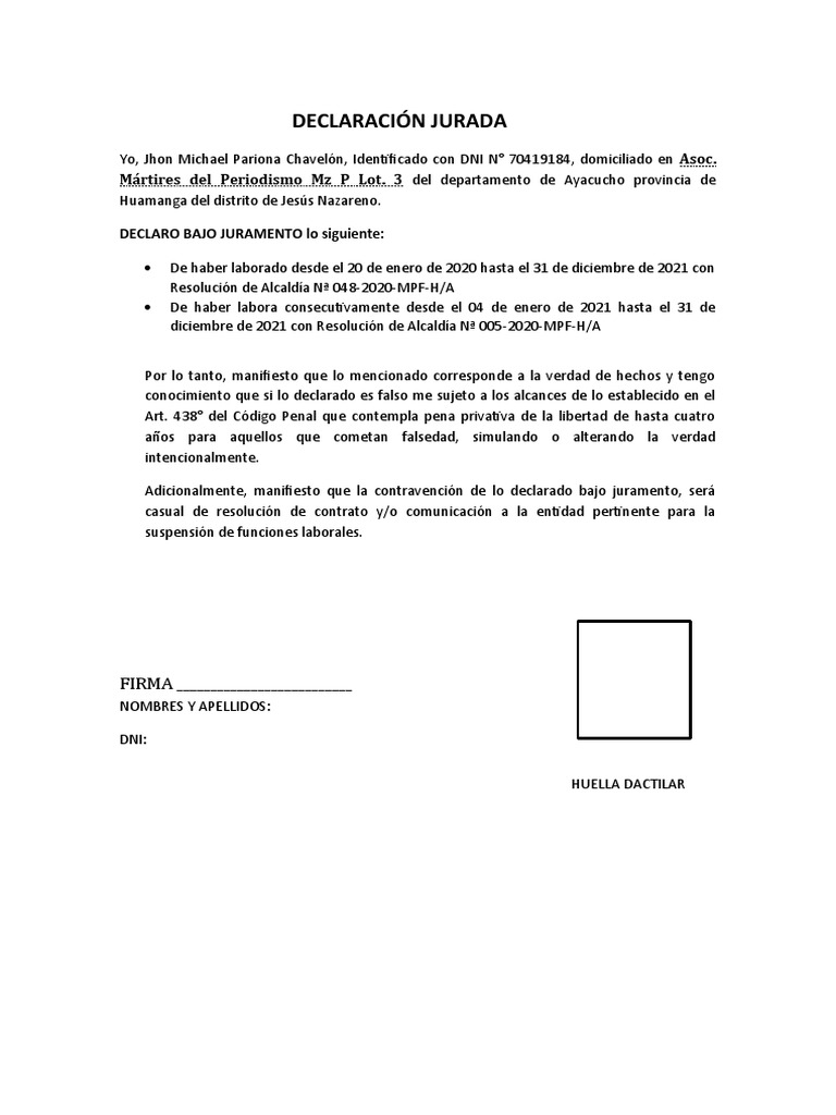 Declaracion Jurada Laboral | PDF