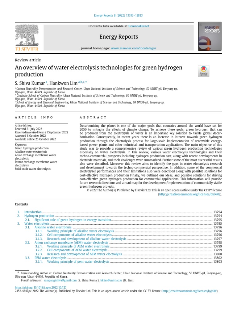 Overview of Water Electrolysis for Hydrogen | PDF