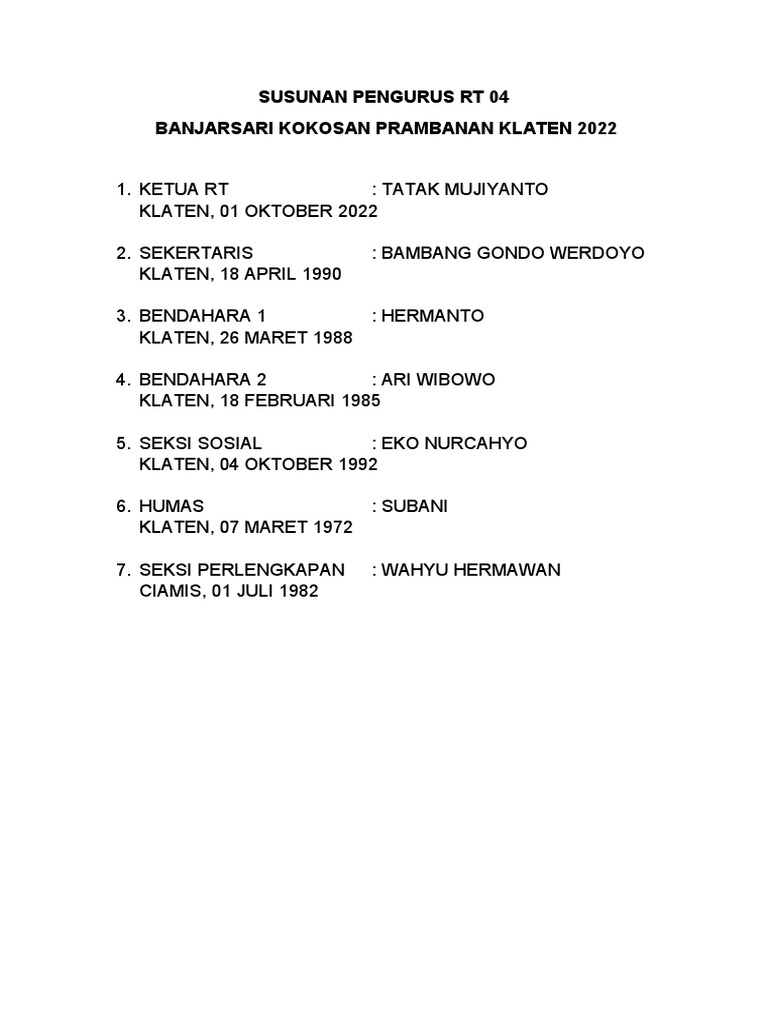 Susunan Pengurus RT 04 | PDF