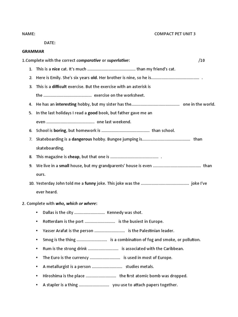 Compact Pet Exam Unit 3 | PDF