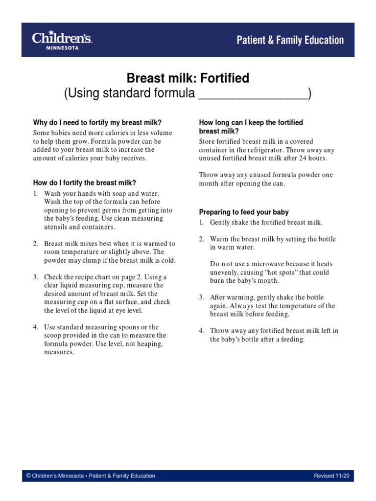 Breast Milk Fortified (Using 20 Cal Oz Standard Formula) | PDF ...