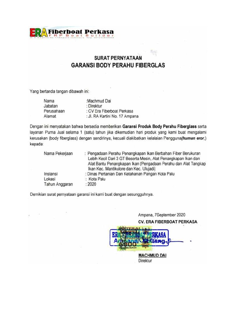 Surat Pernyataan Garansi Body Perahu | PDF