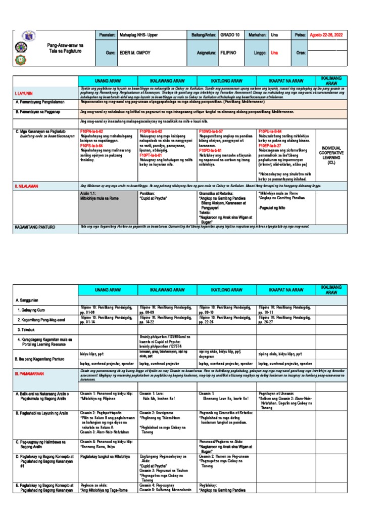 1 DLL IN FILIPINO 10. Aralin 1.1 | PDF