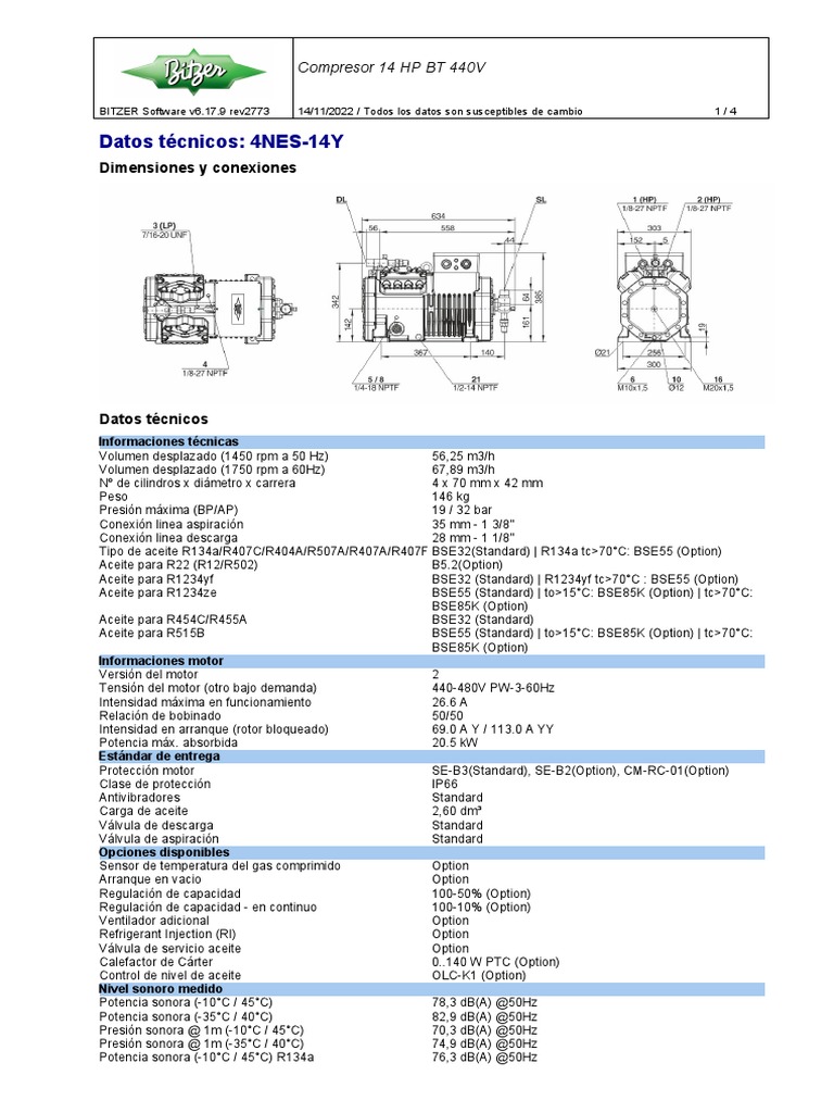 Compresor Bitzer 4 NES 14Y 40P 440V | PDF