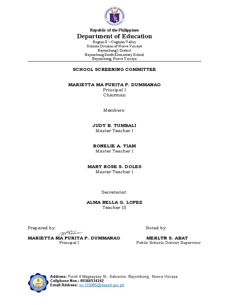 BAYOMBONG-SOUTH ES - School-Screening-Committee | PDF