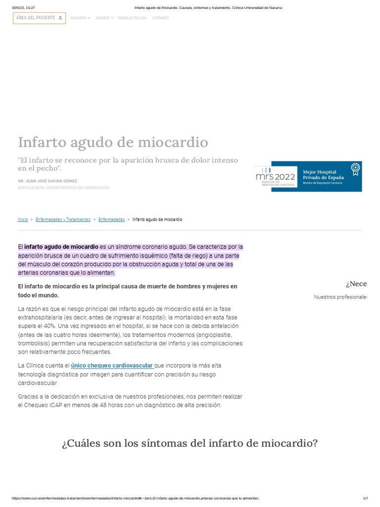 Infarto Agudo de Miocardio. Causas, Síntomas y Tratamiento. Clínica ...