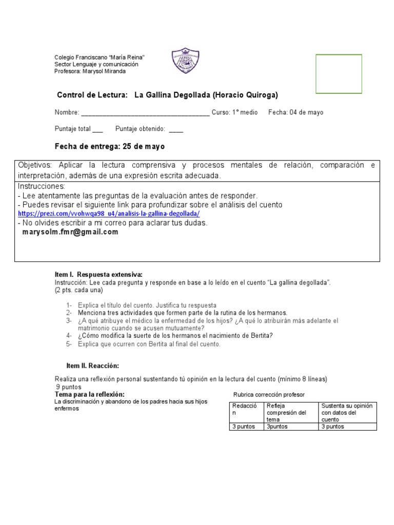 Control de Lectura: La Gallina Degollada | PDF | Ciencia cognitiva ...