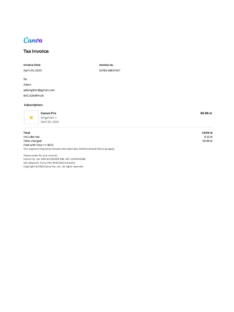 Canva Pro Tax Invoice Details | PDF | Finance & Money Management