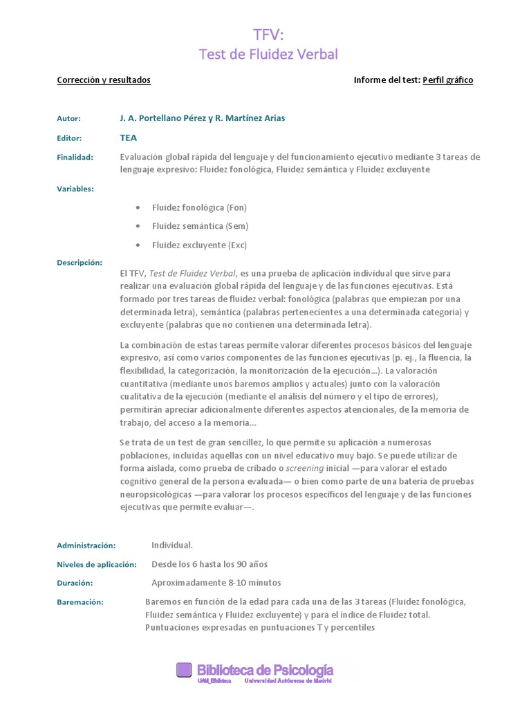 Test de Fluidez Verbal: J. A. Portellano Pérez y R. Martínez Arias ...