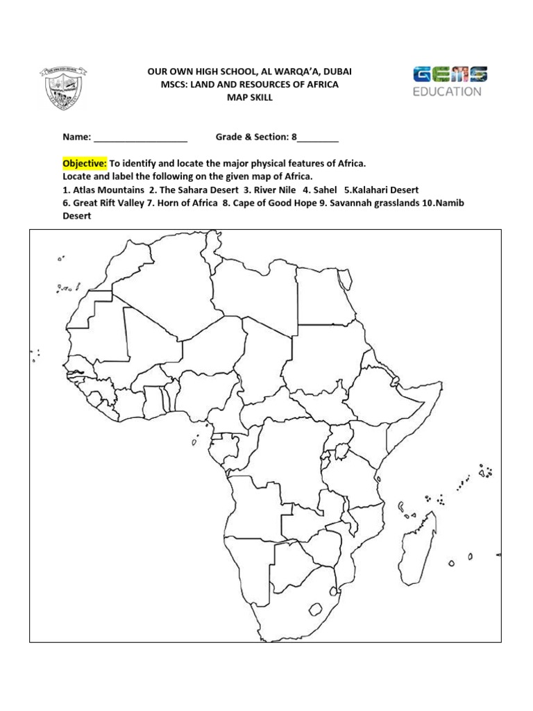 MAP WORKSHEET Land and Resources of Africa | PDF