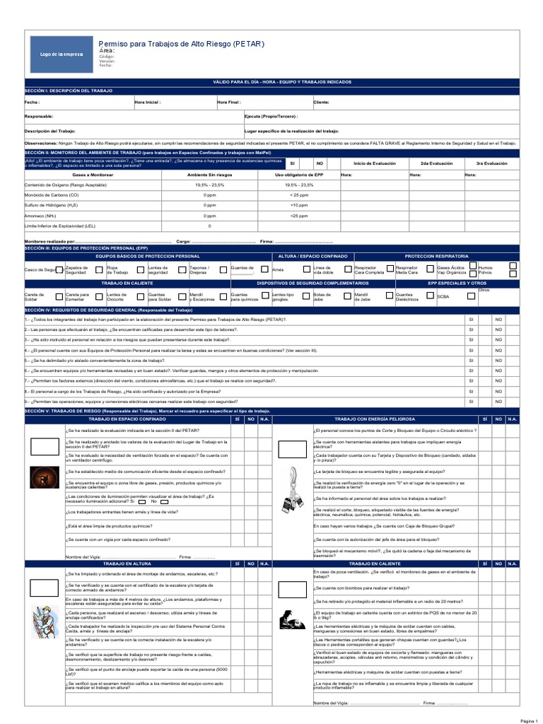 Permisos Trabajos de Alto Riesgo (PETAR) | PDF