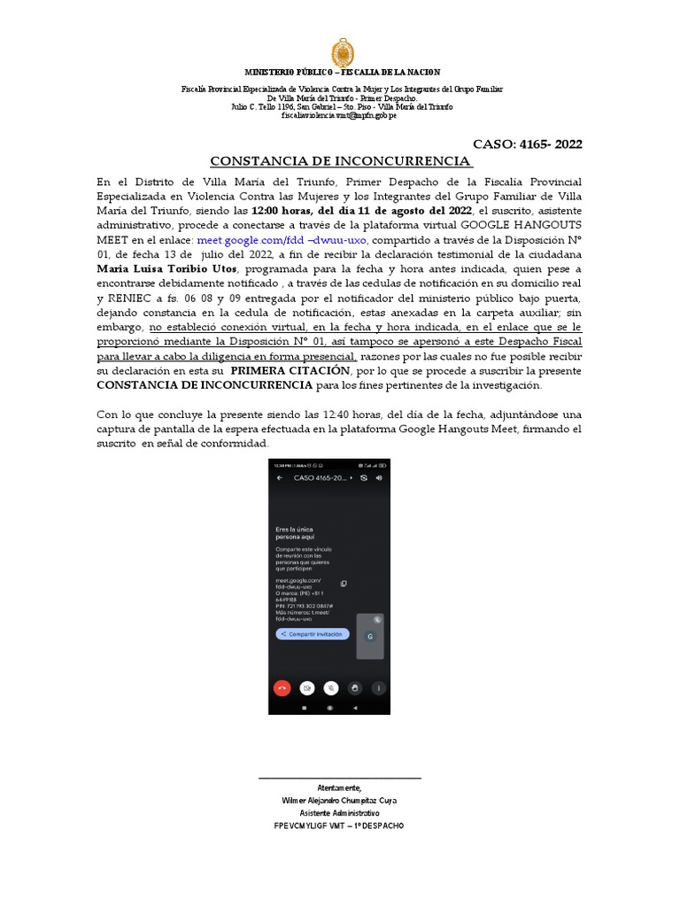 SEGUNDA CONSTANCIA DE INCONCURRENCIA 4165 - 2022 Maria Luisa Toribio | PDF